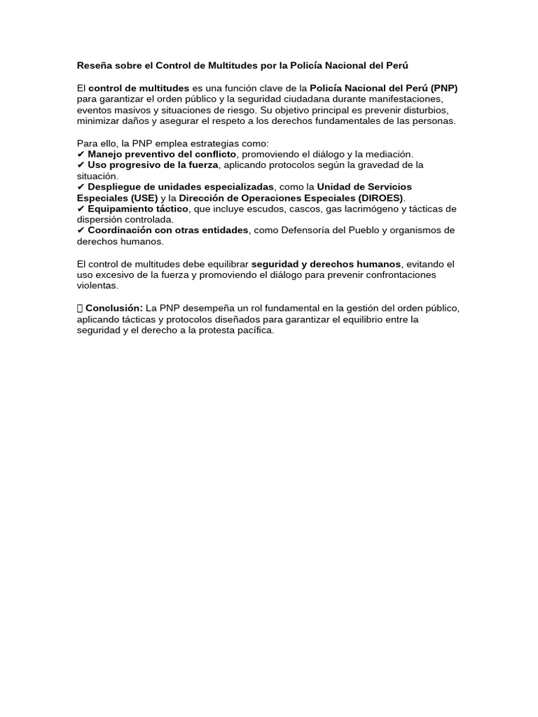 Reseña Sobre El Control de Multitudes Por La Policía Nacional Del Perú | PDF