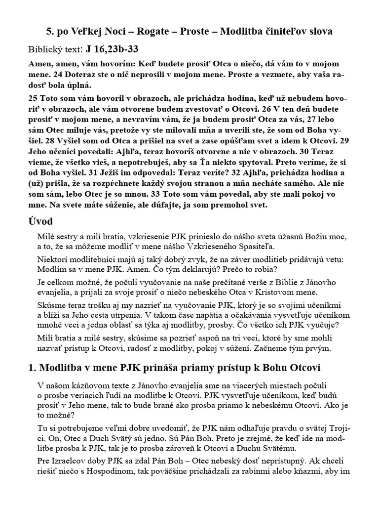 Po Veľkej Noci Rogate Proste Modlitba Činiteľov Slova J 16,23b 33 | PDF