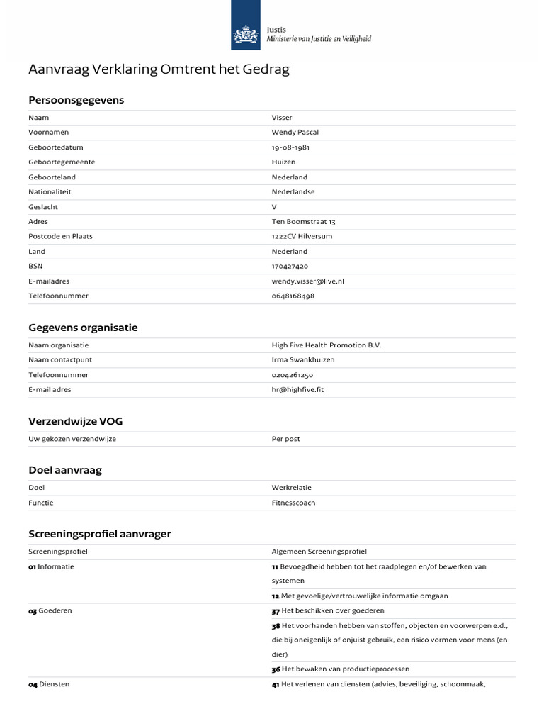 Aanvraag Verklaring Omtrent Het Gedrag: Persoonsgegevens | PDF