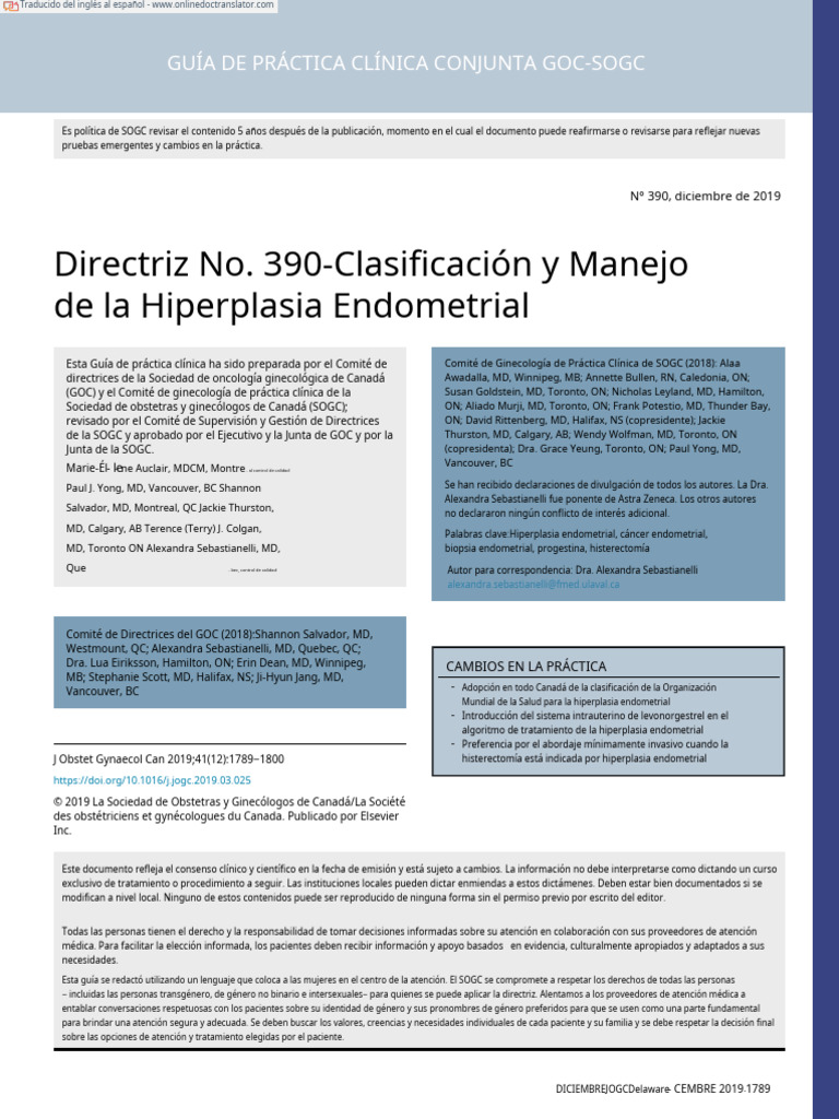 Guia. Clasif y Manejo de La Hiperplasia Endom 2019 JOGC - En.es | PDF | Menopausia | Cáncer