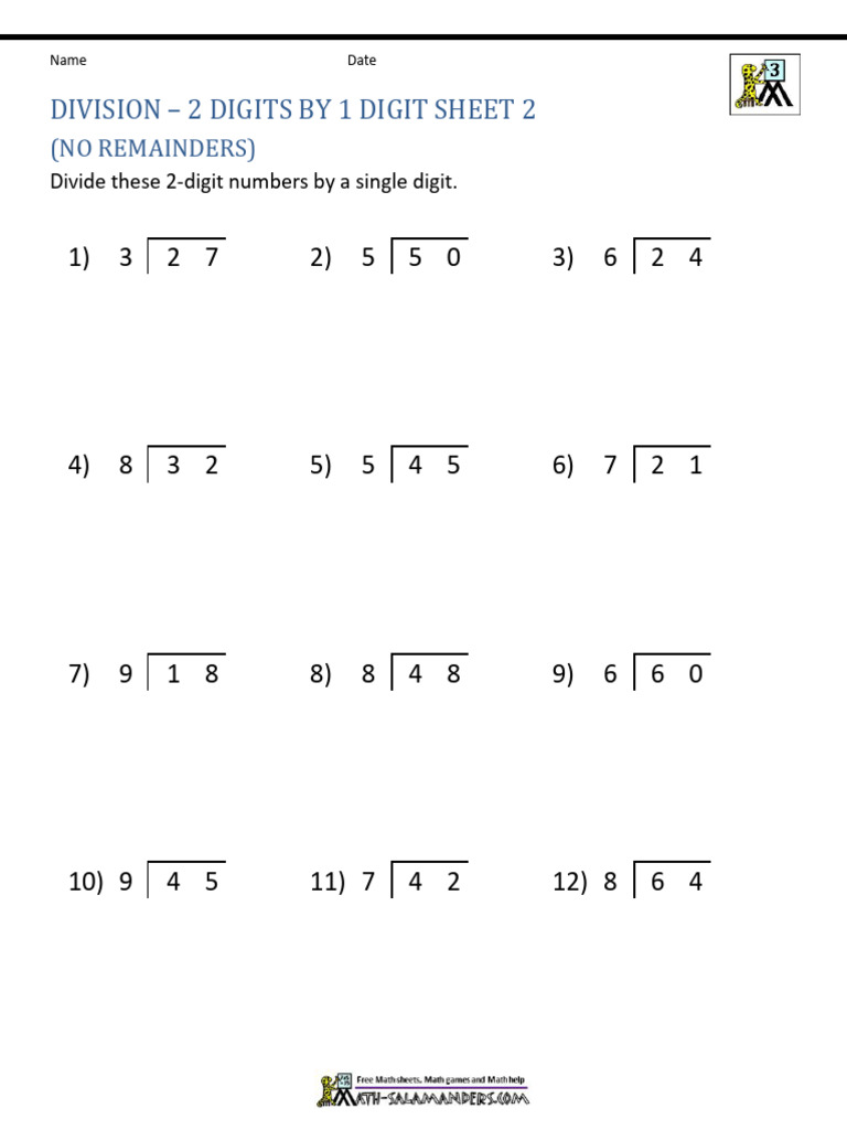 Division 2 Digits by 1 Digit No Remainder 2 | PDF