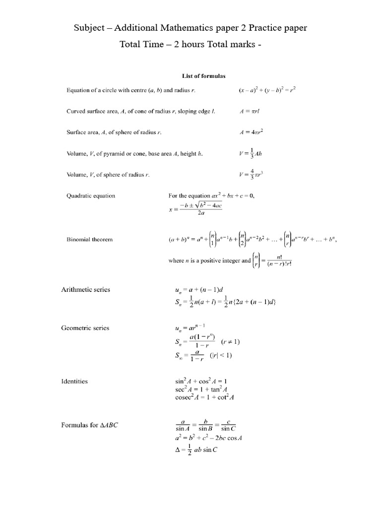 Add Maths-P2-Practice Paper | PDF