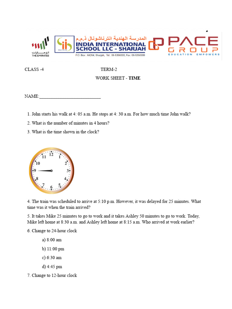 Class 4 Time Worksheet | PDF