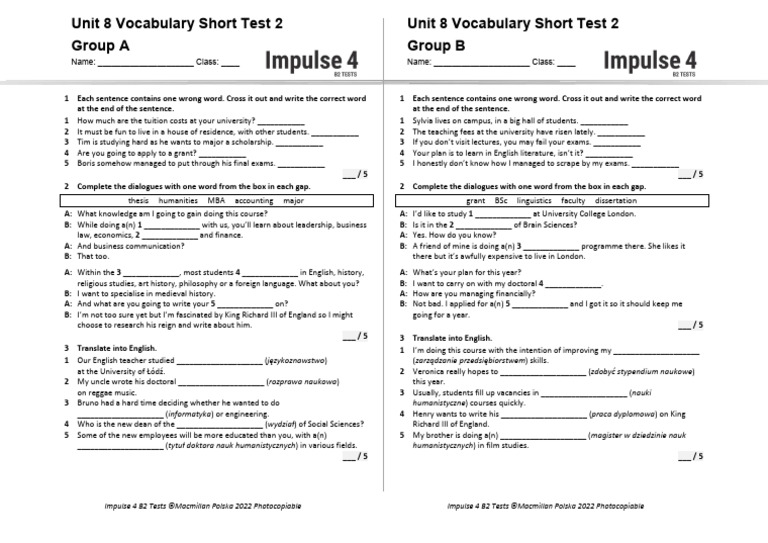 Unit 8 Vocabulary Short Test 2 A+B | PDF | Vocabulary | Thesis