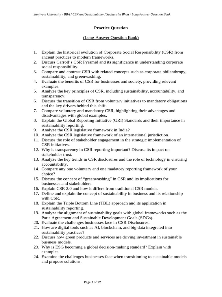 Practice Question Bank For The Course Corporate Social Responsibility ...