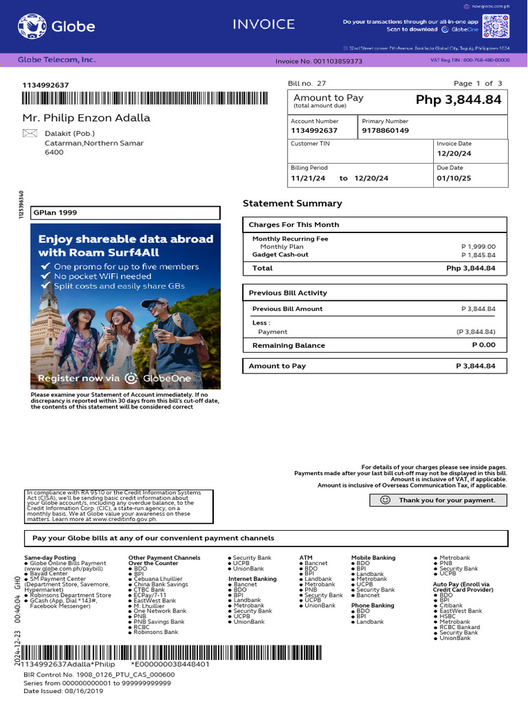 Globe Bill 09178860149 | PDF | Value Added Tax | Payments