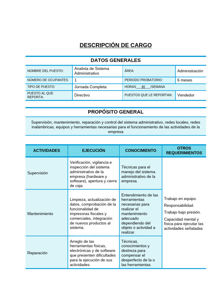 PLANILLA DE DESCRIPCION DE CARGO - ANALISTA | PDF | Software | Informática