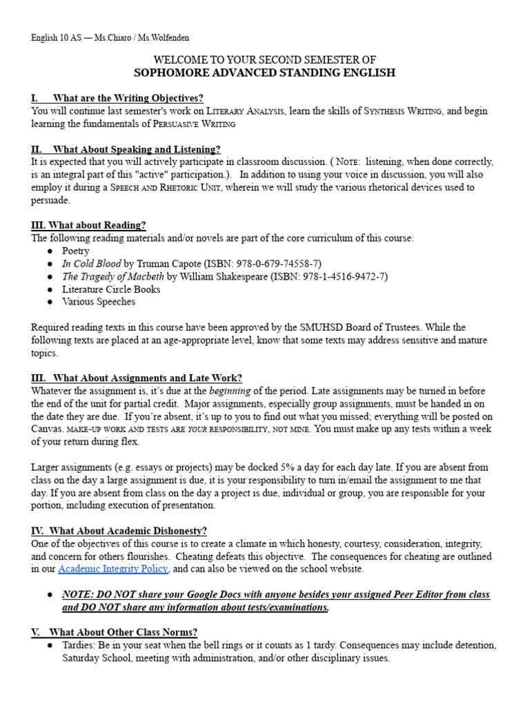 Sophomore Advanced English Syllabus | PDF | Rhetoric | Academic Dishonesty