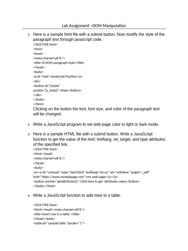 Lab Assignment-Dom Manipulation | PDF | Java Script | Document Object Model