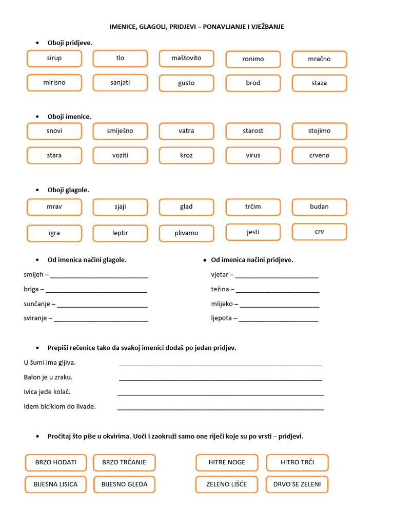 Nl-Imenice, Glagoli, Pridjevi Vje | PDF