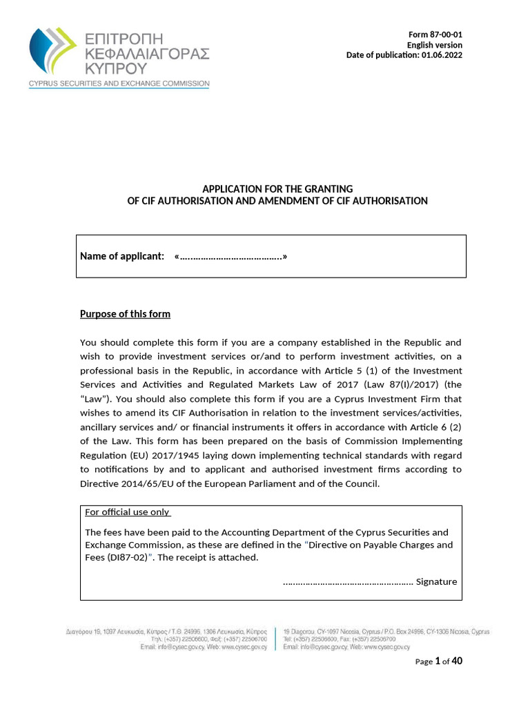 Form 87 00 01 - Application For The Granting of CIF Authorisation Updated | PDF | Derivative ...