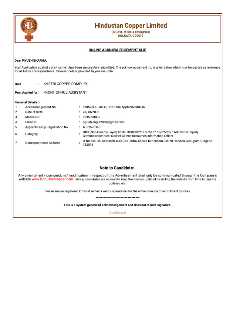 HCL May 2025 Apprenticeship Front Office Assistant Form | PDF