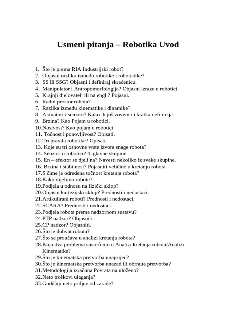 Usmeni Ispit - Sva Pitanja - Robotika Uvod 2024-25 | PDF
