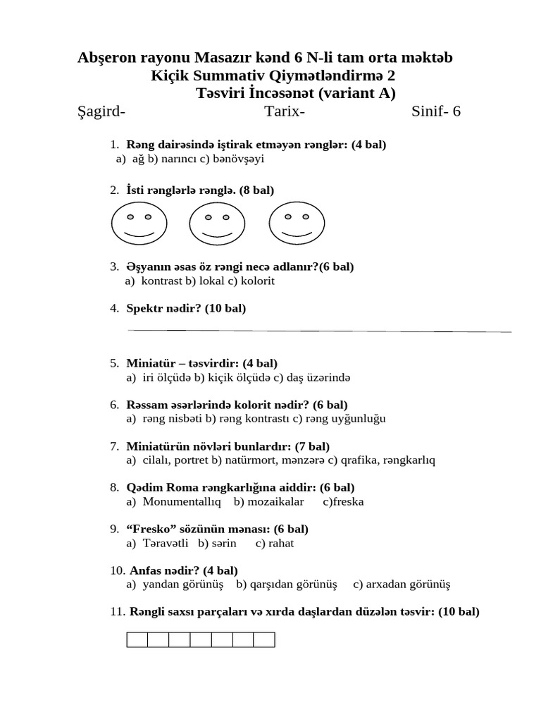 6ci Sinif ksq2 Variant A | PDF