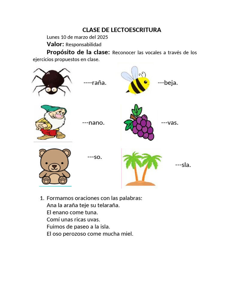 Clase de Lectoescritura: Vocales | PDF