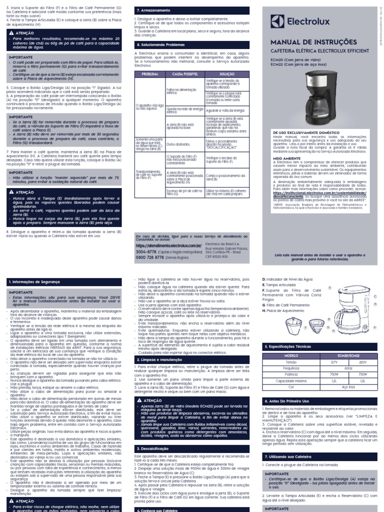 Manual Cafeteira Elétrica Electrolux ECM20/22 | PDF