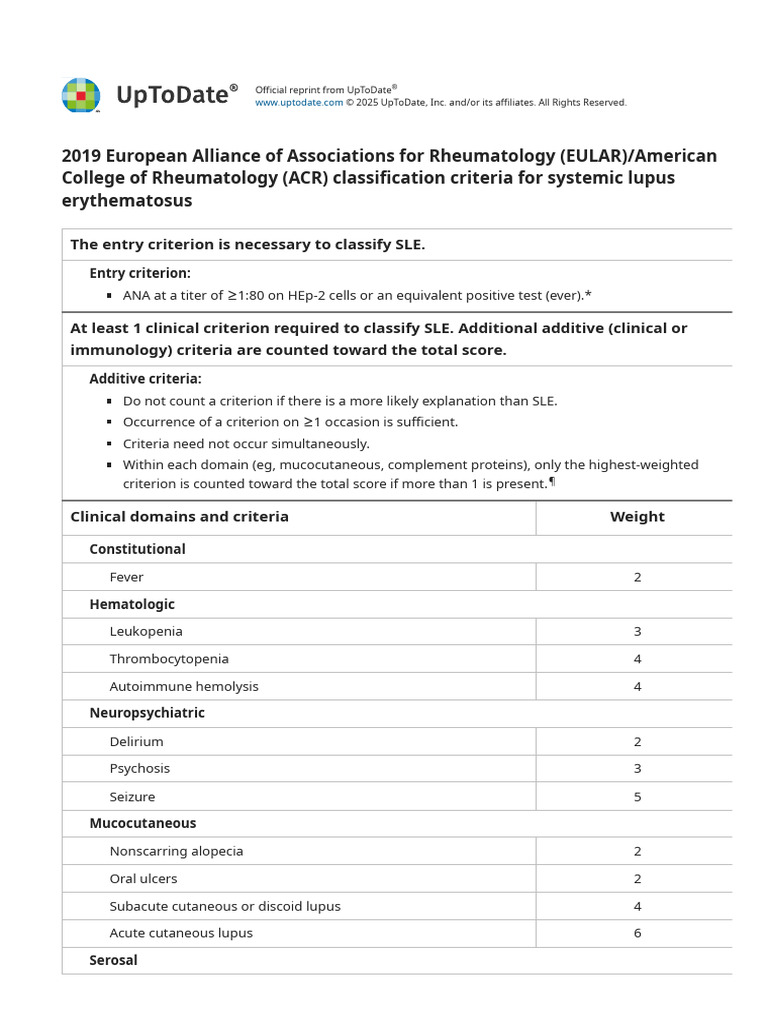 EULAR_ACR Classification Criteria for SLE - UpToDate | PDF | Clinical ...