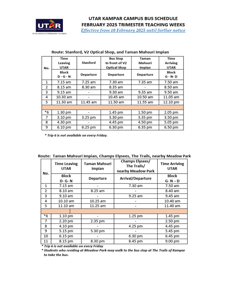 UTAR KAMPAR CAMPUS BUS SCHEDULE FEB 2025 Intake | PDF | Motor Vehicle ...