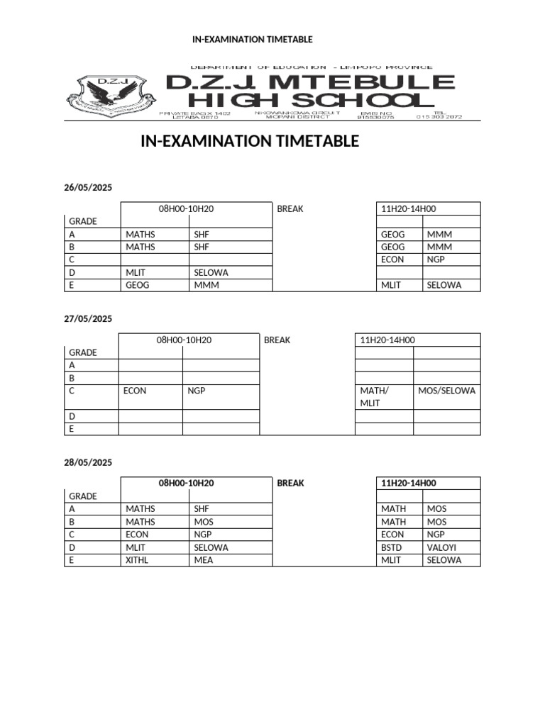 In Exam Timetable | PDF