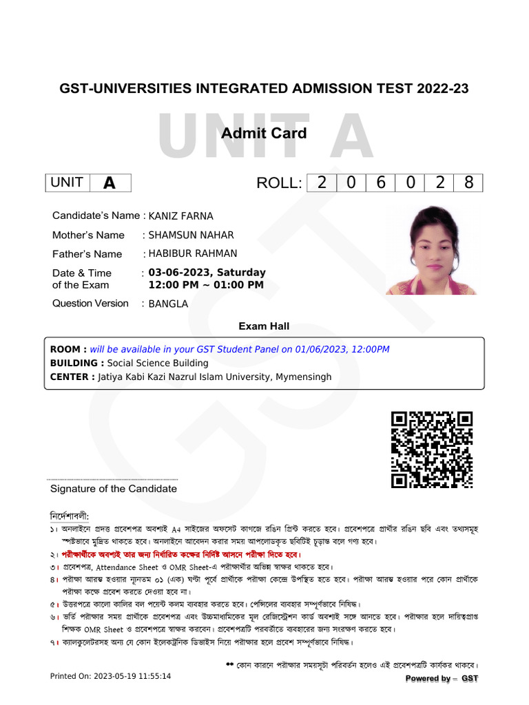 Unit A: Admit Card | PDF