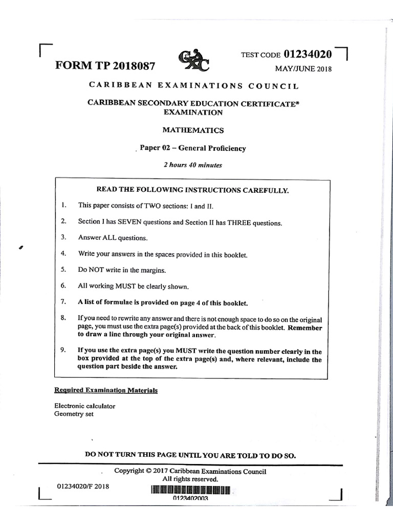 CSEC Mathematics MayJune P2 2018 | PDF