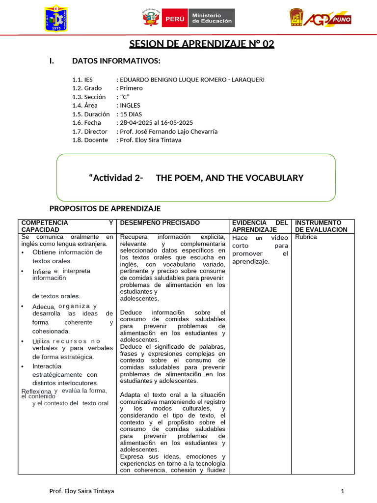 Sesion de Aprendizaje N°02 Primero | PDF | Enseñando | Evaluación