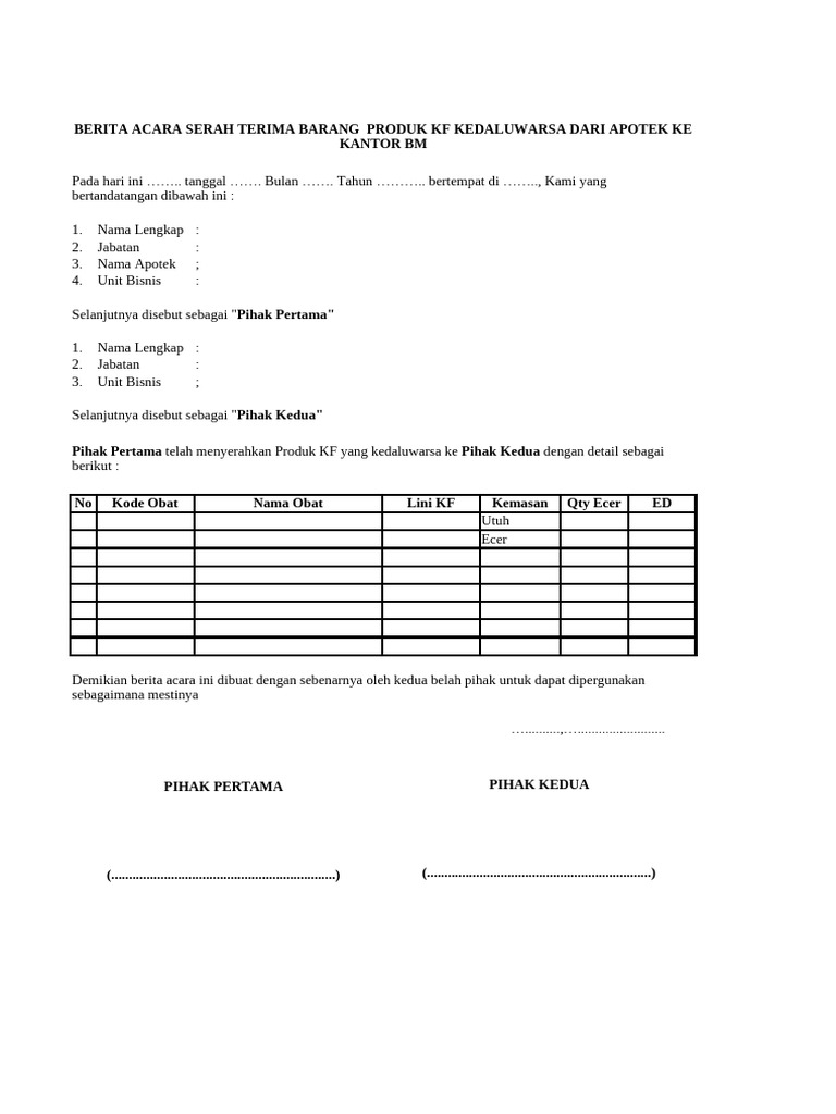 Template BA Serah Terima Barang Dari Apotek Ke Kantor BM | PDF