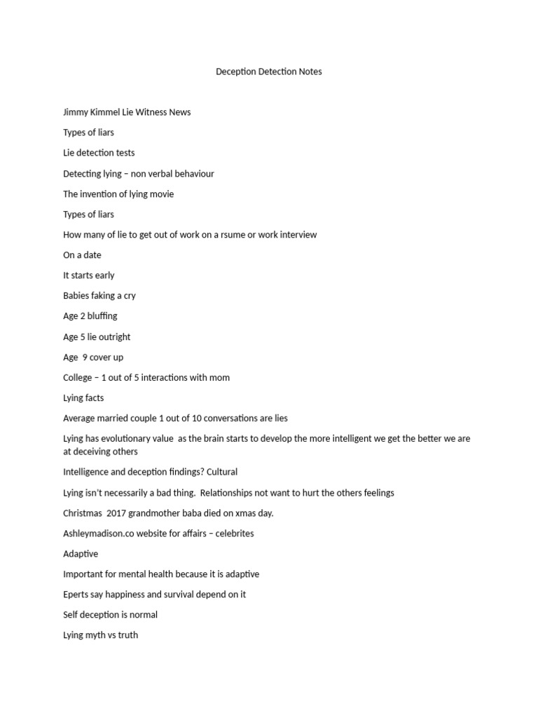 Deception Detection Notes Pdf Nonverbal Communication Deception