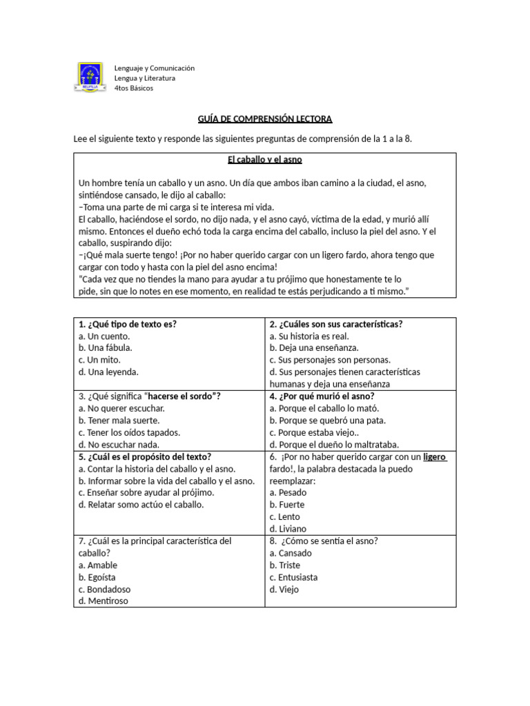 Guía de Comprensión Lectora para 4tos Básicos | PDF