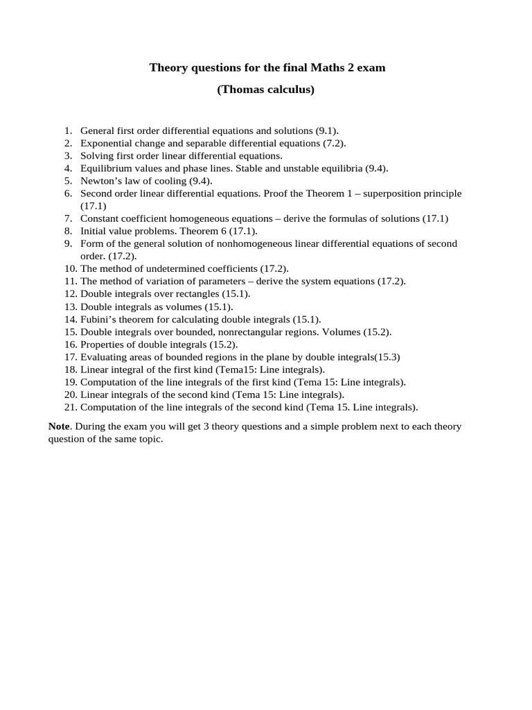 Theory Questions (Thomas Calculus) For The Final Maths 2 Exam - 2021 | PDF