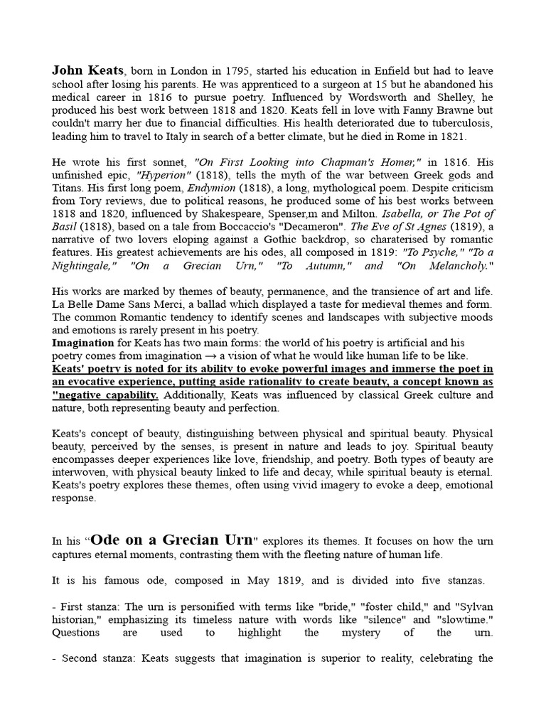 Keats and His Ode On A Grecian Urn | PDF | John Keats | Poetry