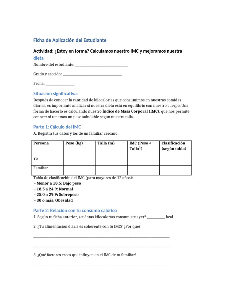 Ficha IMC y Dieta Equilibrada | PDF | Índice de masa corporal | Dieta
