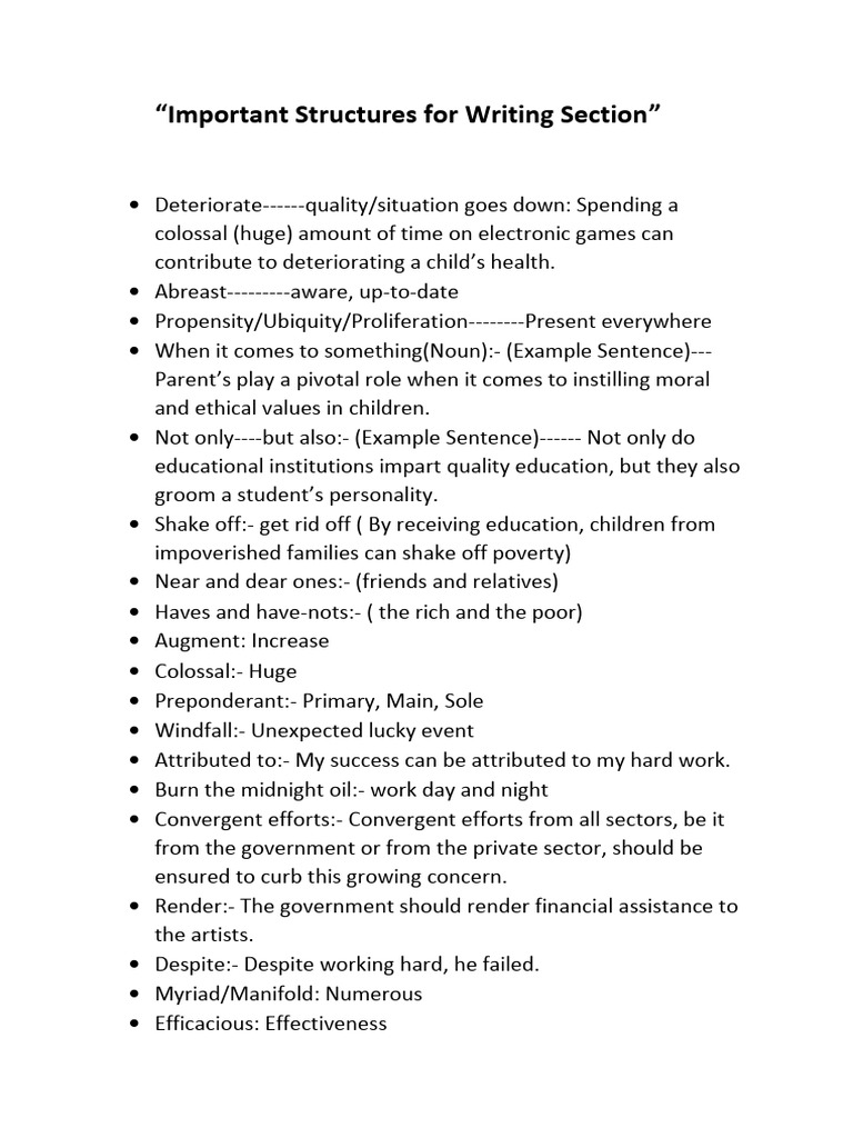 PTE Writing Imp Structures | PDF