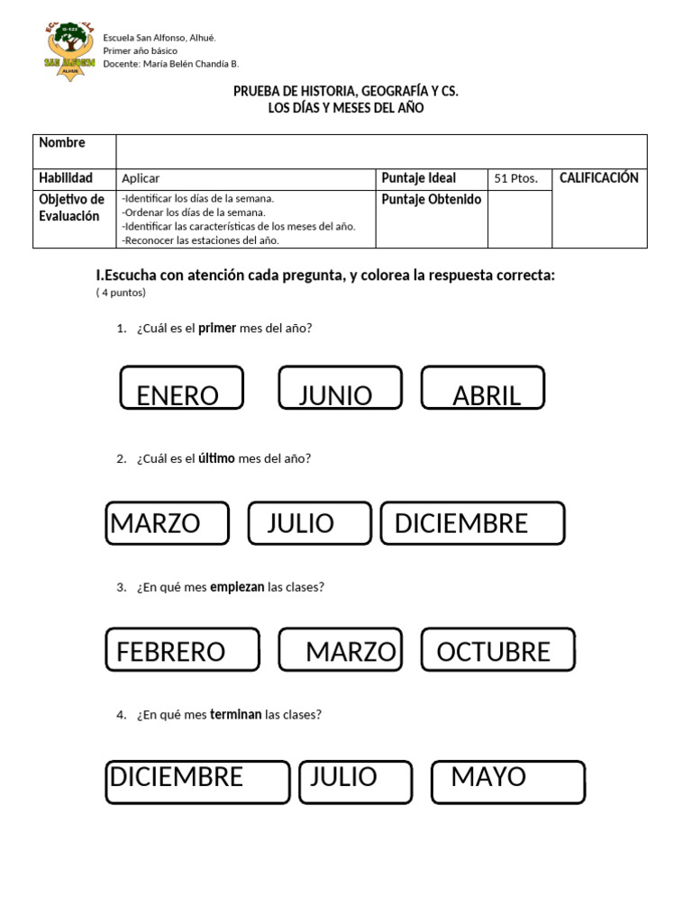 Prueba Dias de La Semana | PDF