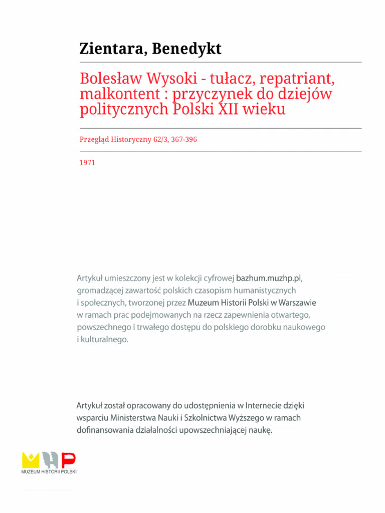Benedykt Zientara - Bolesław Wysoki. Tułacz, Repatriant, Malkontent | PDF