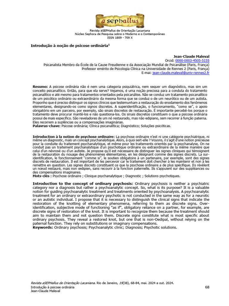 Introdução à Psicose Ordinária na Psicanálise | PDF | Jacques Lacan ...