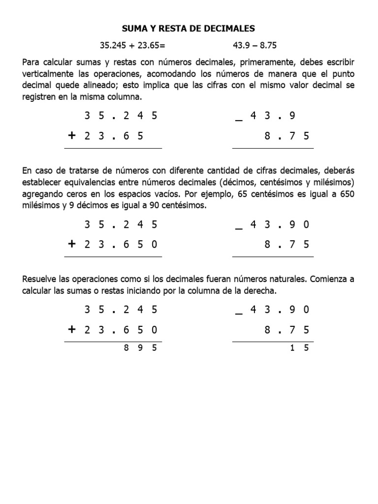 Ejercicios de Suma y Resta de Decimales | PDF