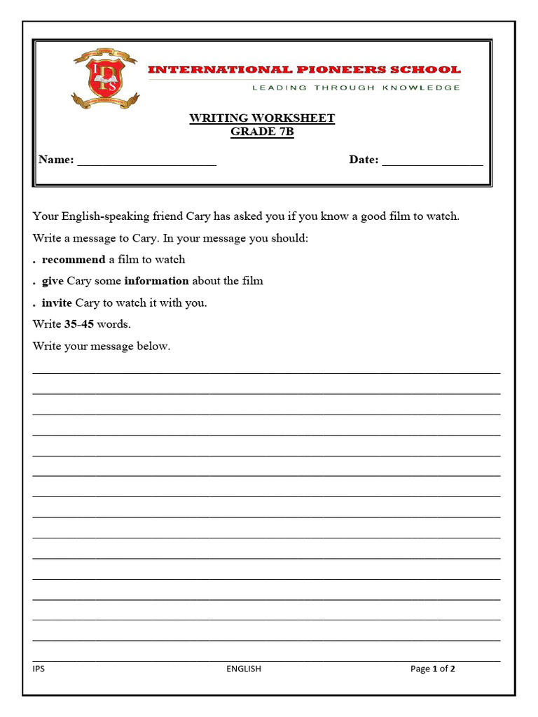 Ips Grade E7 English Writing Worksheet | PDF