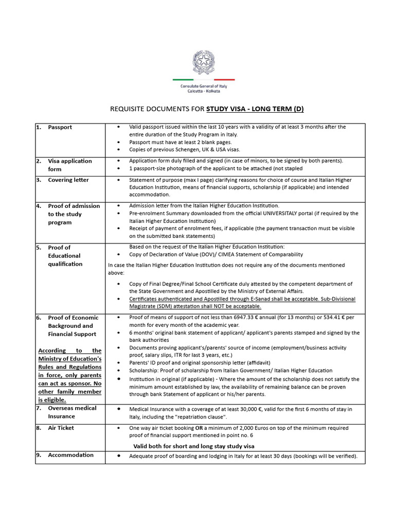 Italy Study Visa Document Checklist 2025 | PDF | Travel Visa | Passport