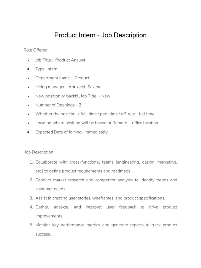 Product Analyst Intern - Job Description | PDF
