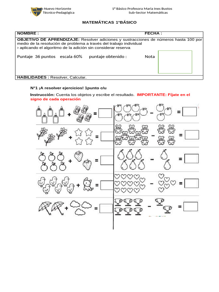 Prueba de Sumas y Restas | PDF