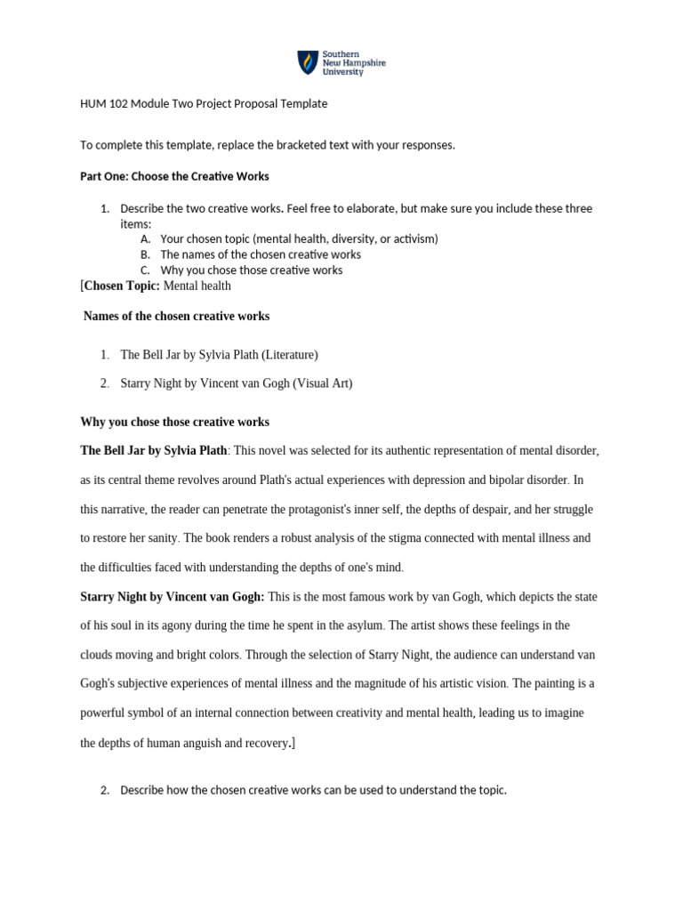 HUM 102 Module Two Project Proposal Template 2-2 | PDF | Sylvia Plath | Vincent Van Gogh