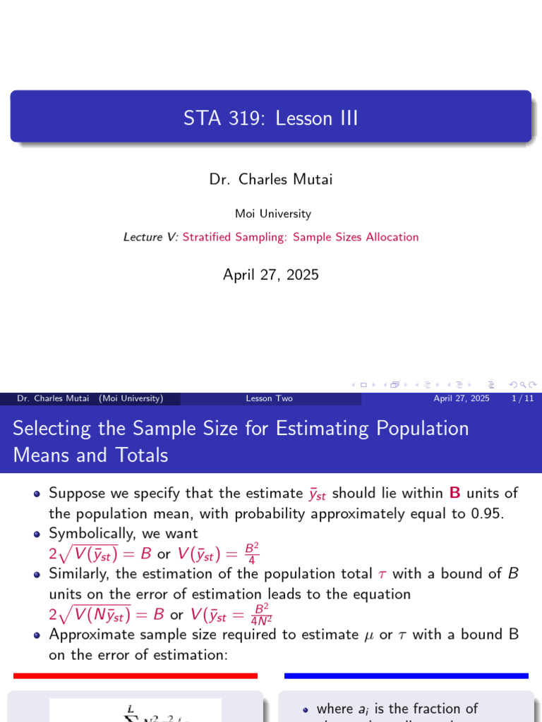 Sta 319 Stratified Sampling | PDF | Sampling (Statistics) | Sample Size Determination