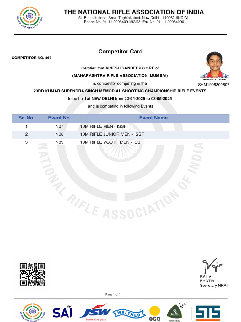 The National Rifle Association of India: Competitor Card | PDF ...