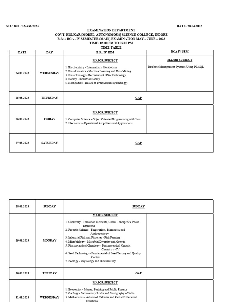 TIME TABLE - B.SC IV. & BCA IV SEMESTER MAIN & ATKT EXAM MAY - JUNE - 2023 | PDF | Science ...