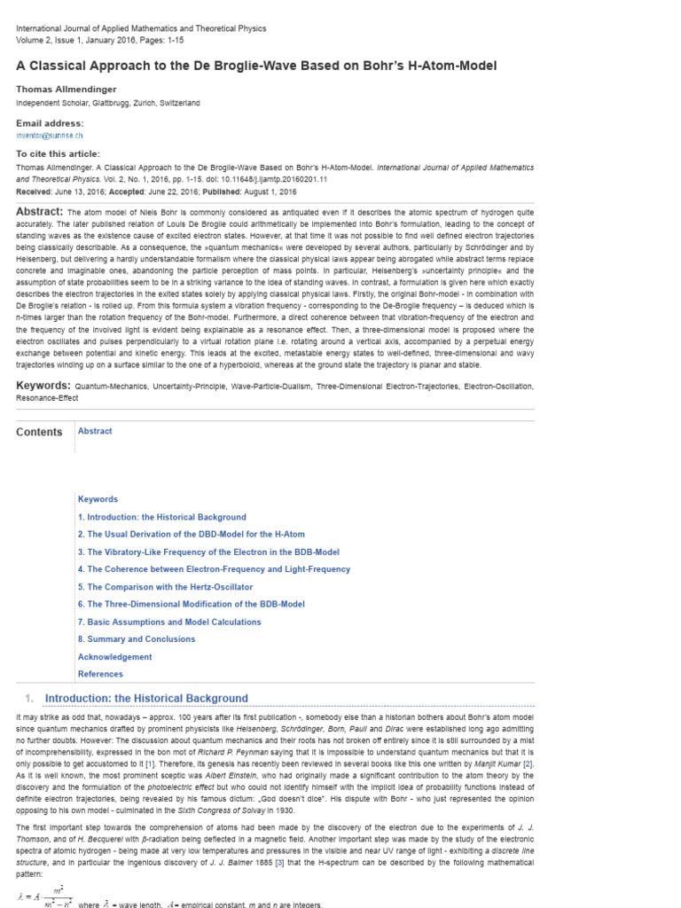 A Classical Approach to the De Broglie-Wave Based on Bohr’s H-Atom ...