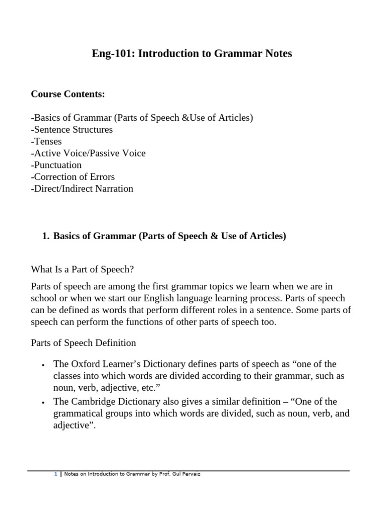 Eng-101 Introduction To Grammar Notes | PDF | Part Of Speech | Adverb