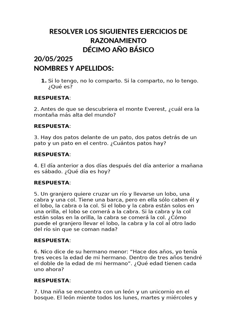 Ejercicios de Razonamiento Decimo | PDF