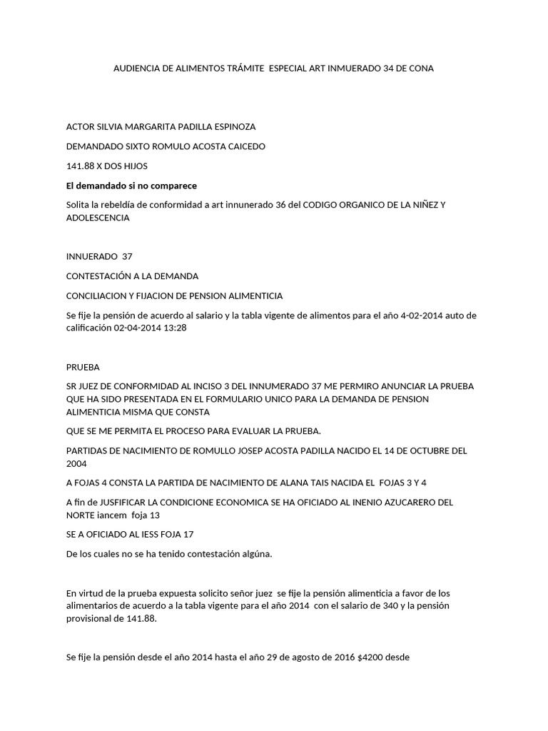 Audiencia de Alimentos Trámite Especial Art Inmuerado 34 de Cona | PDF