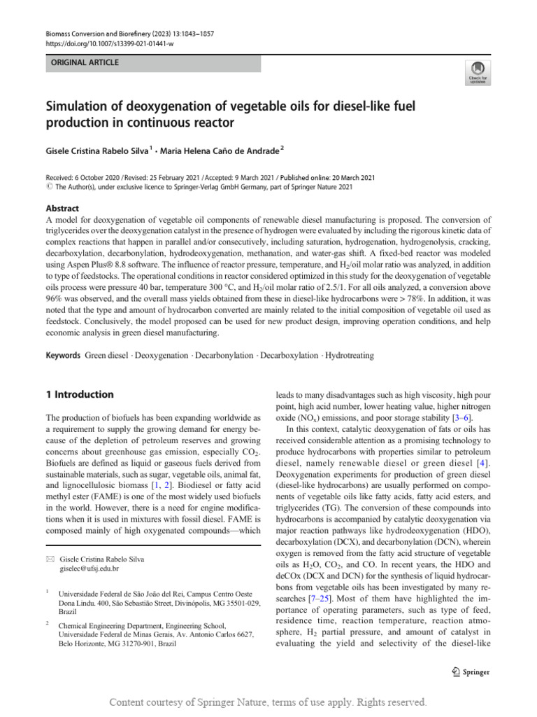 Deoxygenation of Vegetable Oils for Diesel | PDF | Biofuel | Diesel Fuel